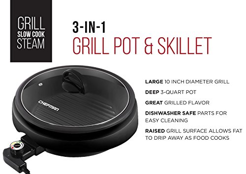 Chefman 3-In-1 Electric Indoor Grill Pot & Skillet, Slow Cook, Steam, Simmer, Stir Fry, 10-Inch Nonstick Raised Line Griddle Pan, Temperature Control, Tempered Glass Lid, 3-Quart, Black-Round