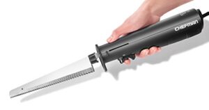 chefman electric knife with bonus carving fork & space saving storage case included one touch, durable 8 inch stainless steel blades, rubberized black handle, bpa free, 120 volts and watts