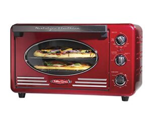 nostalgia rtov2rr large-capacity 0.7-cu. ft. capacity multi-functioning retro convection toaster oven, fits 12 slices of bread and two 12-inch pizzas, built in timer, includes baking pan,metallic red