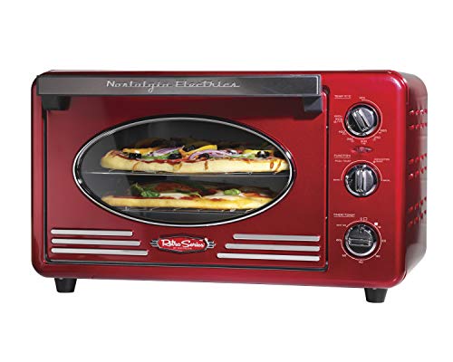 Nostalgia RTOV2RR Large-Capacity 0.7-Cu. Ft. Capacity Multi-Functioning Retro Convection Toaster Oven, Fits 12 Slices of Bread and Two 12-Inch Pizzas, Built In Timer, Includes Baking Pan,Metallic Red