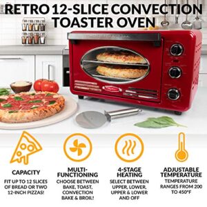 Nostalgia RTOV2RR Large-Capacity 0.7-Cu. Ft. Capacity Multi-Functioning Retro Convection Toaster Oven, Fits 12 Slices of Bread and Two 12-Inch Pizzas, Built In Timer, Includes Baking Pan,Metallic Red