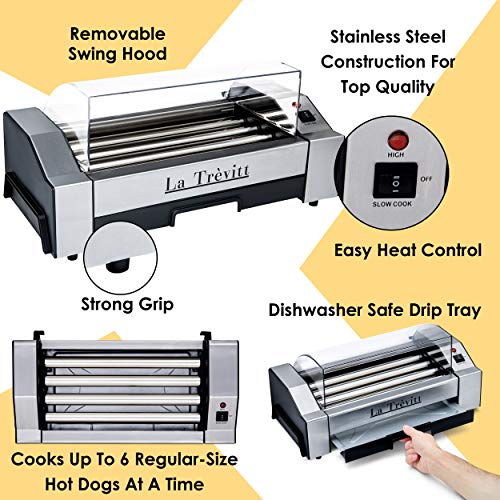 La Trevitt Hot Dog Roller- Sausage Grill Cooker Machine- 6 Hot Dog Capacity - Commercial and Household Hot Dog Machine for Family Use