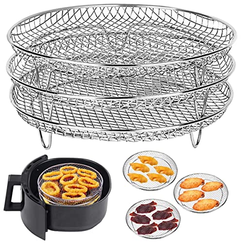 3 Layer Air Fryer Three Stackable Dehydrator Racks 304 Stainless Steel Air Fryer Basket Tray Air Fryer Accessories Dishwasher Safe Fit for Oven and Press Cooker Compatible with Most Air Fryer (Round)