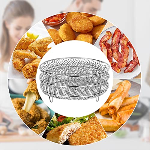 3 Layer Air Fryer Three Stackable Dehydrator Racks 304 Stainless Steel Air Fryer Basket Tray Air Fryer Accessories Dishwasher Safe Fit for Oven and Press Cooker Compatible with Most Air Fryer (Round)