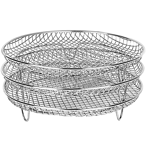 3 Layer Air Fryer Three Stackable Dehydrator Racks 304 Stainless Steel Air Fryer Basket Tray Air Fryer Accessories Dishwasher Safe Fit for Oven and Press Cooker Compatible with Most Air Fryer (Round)