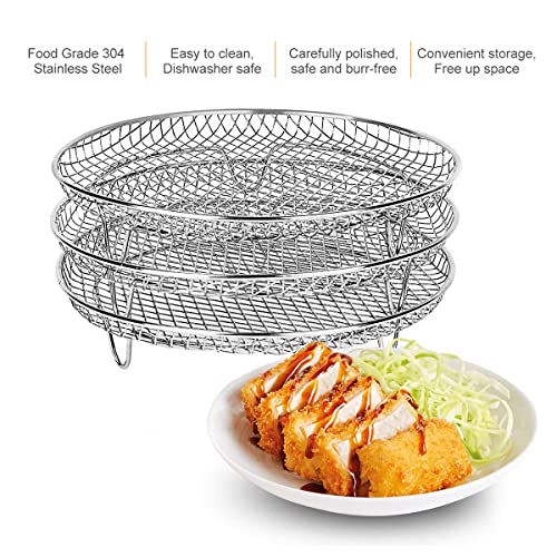 3 Layer Air Fryer Three Stackable Dehydrator Racks 304 Stainless Steel Air Fryer Basket Tray Air Fryer Accessories Dishwasher Safe Fit for Oven and Press Cooker Compatible with Most Air Fryer (Round)