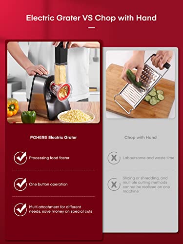 FOHERE Electric Cheese Grater Shredder, Electric Salad Maker for Home Kitchen Use, One-Touch Easy Control, Electric Grater for Vegetables, Cheeses and Nuts, BPA-Free, Red