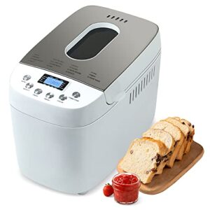 patioer 3.3lb bread maker machine automatic bread machine with dual kneading paddles 15-in-1 breadmaker dough maker with gluten free setting, 3 loaf sizes 3 crust colors, nonstick baking pan, lcd display, 15 hours delay timer, white