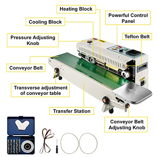 VEVOR Continuous Bag Band Sealing Machine FR900K Band Sealer Machine with Digital Temperature Control Horizontal Bag Sealer for 0.02-0.08 mm Plastic Bags Continuous Band Sealer w/ Printing Function