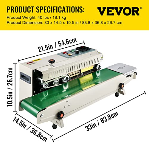 VEVOR Continuous Bag Band Sealing Machine FR900K Band Sealer Machine with Digital Temperature Control Horizontal Bag Sealer for 0.02-0.08 mm Plastic Bags Continuous Band Sealer w/ Printing Function