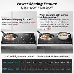 Aobosi Double Induction Cooktop,Portable Induction Cooker with 2 Burner Independent Control,Ultrathin Body,10 Temperature,1800W-Multiple Power Levels,4 Hour Timer,Safety Lock