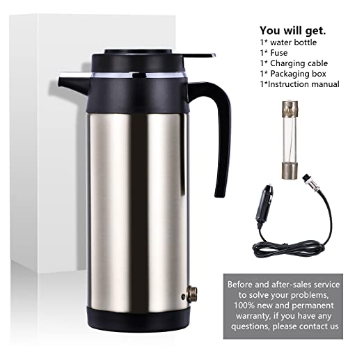 Car Electric Kettle 12V Hot Water Bottle 1200Ml Portable Car Kettle Boiler with Led Indicator Light Metal Travel Thermoses Heating Bottle for Water Tea Coffee Milk (40oz, 12V Car)