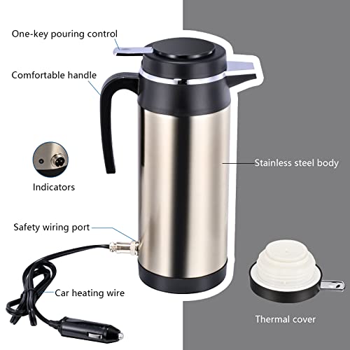 Car Electric Kettle 12V Hot Water Bottle 1200Ml Portable Car Kettle Boiler with Led Indicator Light Metal Travel Thermoses Heating Bottle for Water Tea Coffee Milk (40oz, 12V Car)