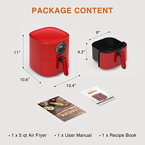 CROWNFUL 5 Quart Air Fryer, Electric Hot Oven Oilless Cooker，LCD Digital Touch Screen with 7 Cooking Presets and 53 Recipes, Nonstick Basket，1500W ETL Listed (Red)