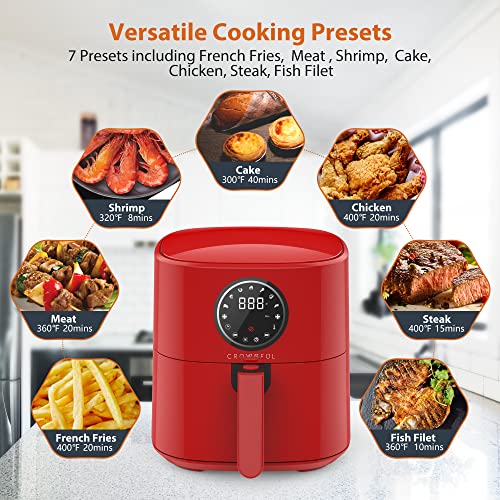 CROWNFUL 5 Quart Air Fryer, Electric Hot Oven Oilless Cooker，LCD Digital Touch Screen with 7 Cooking Presets and 53 Recipes, Nonstick Basket，1500W ETL Listed (Red)