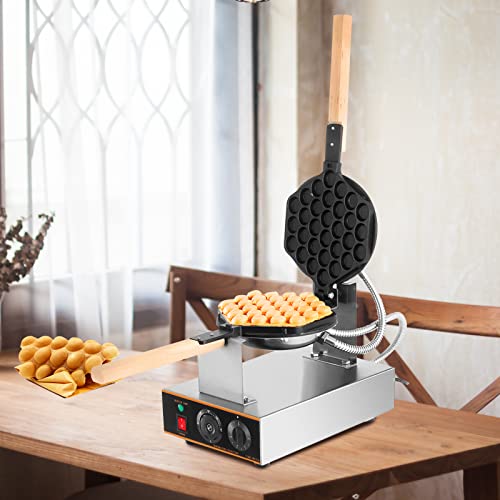 VEVOR Commercial Bubble Waffle Maker, 1400W Egg Bubble Puff Iron w/ 180° Rotatable 2 Pans & Wooden Handles, Stainless Steel Baker w/ Non-Stick Teflon Coating, 50-250℃/122-482℉ Adjustable