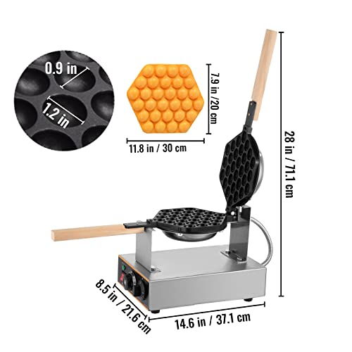 VEVOR Commercial Bubble Waffle Maker, 1400W Egg Bubble Puff Iron w/ 180° Rotatable 2 Pans & Wooden Handles, Stainless Steel Baker w/ Non-Stick Teflon Coating, 50-250℃/122-482℉ Adjustable