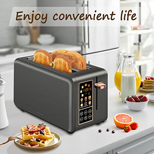 SEEDEEM Toaster 4 Slice, Long Slot Toaster with LCD Display Touch Buttons, 7 Shade Settings, 6 Bread Selection, Stainless Steel Toaster for Bagel, Defrost, Cancel, Removable Crumb Tray, 1400W, Dark Metallic