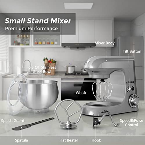 Loniko Multifunctional Electric Stand Mixer, 6.5 Quarts, 6 Speeds Household Stand Food Mixers with Dough Hook, Whisk & Flat Beater Attachments, and Splash Guard(Silver)