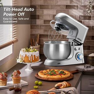 Loniko Multifunctional Electric Stand Mixer, 6.5 Quarts, 6 Speeds Household Stand Food Mixers with Dough Hook, Whisk & Flat Beater Attachments, and Splash Guard(Silver)