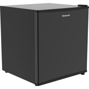 honeywell compact refrigerator 1.6 cu ft mini fridge with freezer, single door, low noise, for bedroom, office, dorm with adjustable temperature settings, black