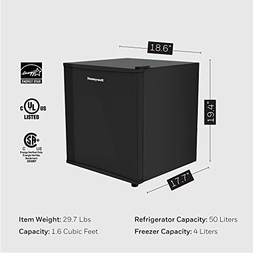 Honeywell Compact Refrigerator 1.6 Cu Ft Mini Fridge with Freezer, Single Door, Low noise, for Bedroom, Office, Dorm with Adjustable Temperature Settings, Black