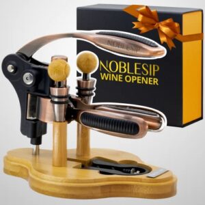 Wine Opener Set with Wooden Stand "NOBLESIP" [2023 Upgraded] 6 Pcs Kit: Foil Cutter, 2 Bottle Stoppers, Extra Corkscrew, Base & Designer Gift Box. Connoisseur Choice, Easily Removes all Corks (Bronze)