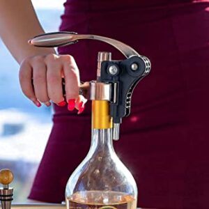 Wine Opener Set with Wooden Stand "NOBLESIP" [2023 Upgraded] 6 Pcs Kit: Foil Cutter, 2 Bottle Stoppers, Extra Corkscrew, Base & Designer Gift Box. Connoisseur Choice, Easily Removes all Corks (Bronze)