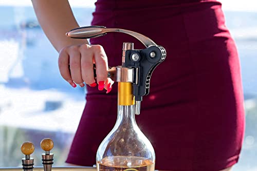 Wine Opener Set with Wooden Stand "NOBLESIP" [2023 Upgraded] 6 Pcs Kit: Foil Cutter, 2 Bottle Stoppers, Extra Corkscrew, Base & Designer Gift Box. Connoisseur Choice, Easily Removes all Corks (Bronze)