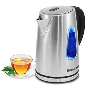 Elite Gourmet EKT-1271 Ultimate 1.7 Liter Electric Kettle – Stainless Steel Design & Cordless 360° Base, Stylish Blue LED Interior, Handy Auto Shut-Off Function – Quickly Boil Water For Tea & More