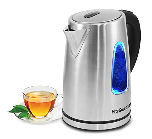 Elite Gourmet EKT-1271 Ultimate 1.7 Liter Electric Kettle – Stainless Steel Design & Cordless 360° Base, Stylish Blue LED Interior, Handy Auto Shut-Off Function – Quickly Boil Water For Tea & More