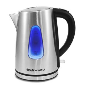 Elite Gourmet EKT-1271 Ultimate 1.7 Liter Electric Kettle – Stainless Steel Design & Cordless 360° Base, Stylish Blue LED Interior, Handy Auto Shut-Off Function – Quickly Boil Water For Tea & More