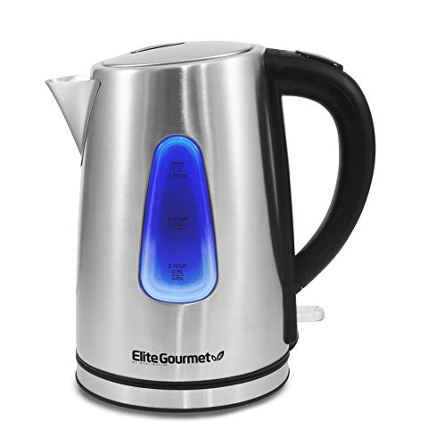 Elite Gourmet EKT-1271 Ultimate 1.7 Liter Electric Kettle – Stainless Steel Design & Cordless 360° Base, Stylish Blue LED Interior, Handy Auto Shut-Off Function – Quickly Boil Water For Tea & More