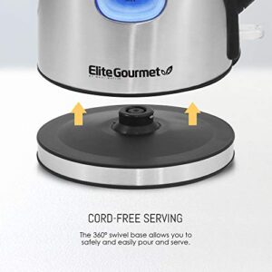 Elite Gourmet EKT-1271 Ultimate 1.7 Liter Electric Kettle – Stainless Steel Design & Cordless 360° Base, Stylish Blue LED Interior, Handy Auto Shut-Off Function – Quickly Boil Water For Tea & More