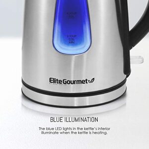 Elite Gourmet EKT-1271 Ultimate 1.7 Liter Electric Kettle – Stainless Steel Design & Cordless 360° Base, Stylish Blue LED Interior, Handy Auto Shut-Off Function – Quickly Boil Water For Tea & More