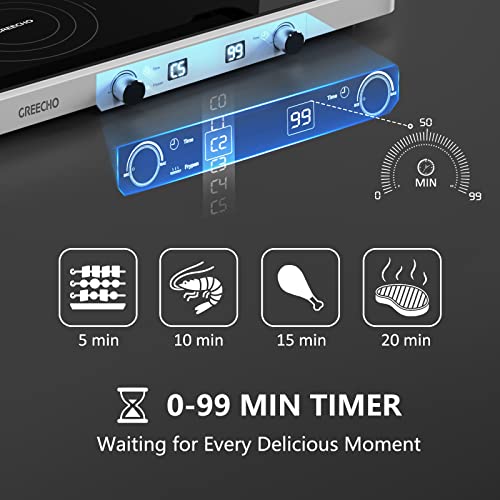 GREECHO Portable Induction Cooktop, 2 Burner Electric Cooktop with Removable Griddle Pan, 5 Gear Heating and Independent Control Electric Cooktop, 1400W Electric Burner with 0-99 Timer, Coconut White