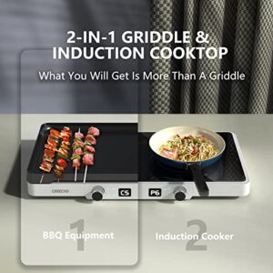 GREECHO Portable Induction Cooktop, 2 Burner Electric Cooktop with Removable Griddle Pan, 5 Gear Heating and Independent Control Electric Cooktop, 1400W Electric Burner with 0-99 Timer, Coconut White