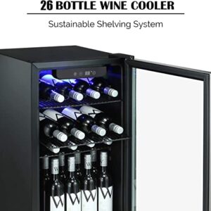 Antarctic Star 26 Bottle Wine Cooler/Cabinet Beverage Refigerator Mini Fridge Small Wine Cellar Soda Beer Counter Top Bar Quiet Operation Compressor Freestanding Clear Glass Door for Office/Dorm