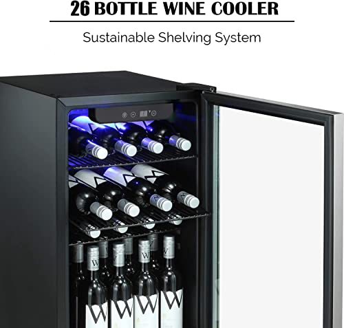 Antarctic Star 26 Bottle Wine Cooler/Cabinet Beverage Refigerator Mini Fridge Small Wine Cellar Soda Beer Counter Top Bar Quiet Operation Compressor Freestanding Clear Glass Door for Office/Dorm