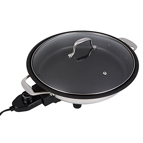 Electric Skillet By Cucina Pro - 18/10 Stainless Steel, Frying Pan with Non Stick Interior, with Glass Lid, 12" Round, Temperature Control Probe for Adjustable Heat Settings