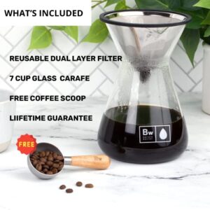 Pour Over Coffee Maker Set - Pour Over Kit Includes Large Glass Carafe and Reusable Dripper Coffee Filter and Coffee Scoop - 7 Cup Drip Coffee Brewer (34oz | 1000ml)