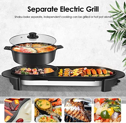 Electric Hot Pot Grill Removable Shabu-shabu Pot Korean BBQ Grill W/ Large Baking Tray Divider Hotpot, Smokeless Non-Stick Cooker Pan, Adjustable Temperature, 1-6 People, 110V