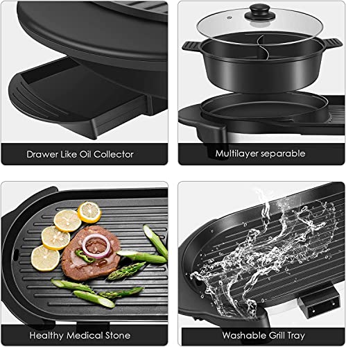 Electric Hot Pot Grill Removable Shabu-shabu Pot Korean BBQ Grill W/ Large Baking Tray Divider Hotpot, Smokeless Non-Stick Cooker Pan, Adjustable Temperature, 1-6 People, 110V