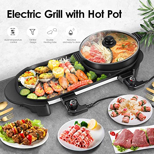 Electric Hot Pot Grill Removable Shabu-shabu Pot Korean BBQ Grill W/ Large Baking Tray Divider Hotpot, Smokeless Non-Stick Cooker Pan, Adjustable Temperature, 1-6 People, 110V