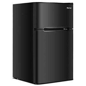 costway compact refrigerator, 3.2 cu ft. unit 2-door mini freezer cooler fridge with reversible door, removable glass shelves, mechanical control, recessed handle for dorm, office, apartment (black)