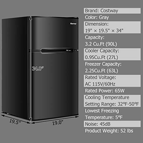 COSTWAY Compact Refrigerator, 3.2 cu ft. Unit 2-Door Mini Freezer Cooler Fridge with Reversible Door, Removable Glass Shelves, Mechanical Control, Recessed Handle for Dorm, Office, Apartment (Black)