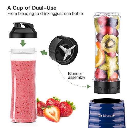 La Reveuse Smoothies Blender 300 Watt with 18 oz BPA-Free Portable Travel Sports Bottle (Navy Blue)