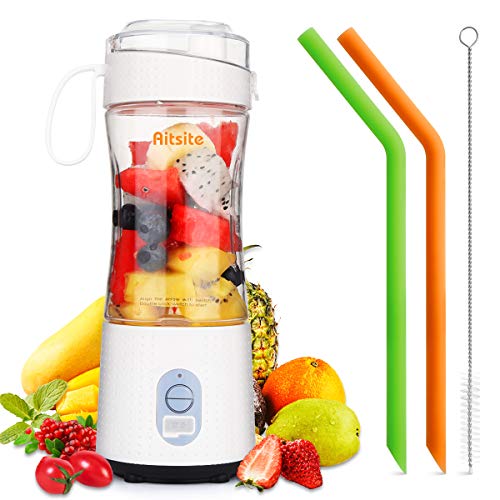 Aitsite Portable Blender, USB Rechargeable Personal Size Juicer Cup with 2 Straws, blend jet blenders portable with 6 3D Blades Fruit Mixer for Home,Travel, Office, Outdoors -White.