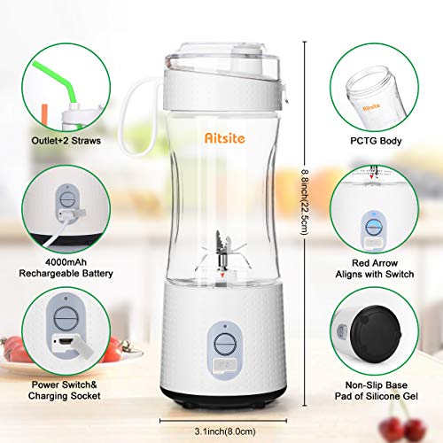 Aitsite Portable Blender, USB Rechargeable Personal Size Juicer Cup with 2 Straws, blend jet blenders portable with 6 3D Blades Fruit Mixer for Home,Travel, Office, Outdoors -White.