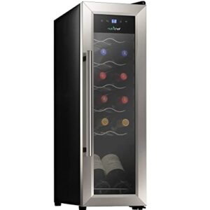 nutrichef pkcwc12 12 bottle cooler refrigerator white and red countertop chiller, freestanding compact mini wine fridge with digital control, stainless steel